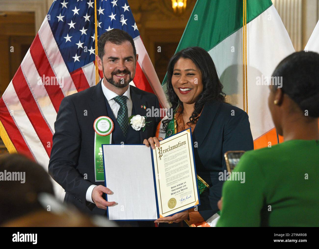 San Francisco, CA - March 3, 2023: Mayro London Breed presenting certificate to Irish Consulate ...