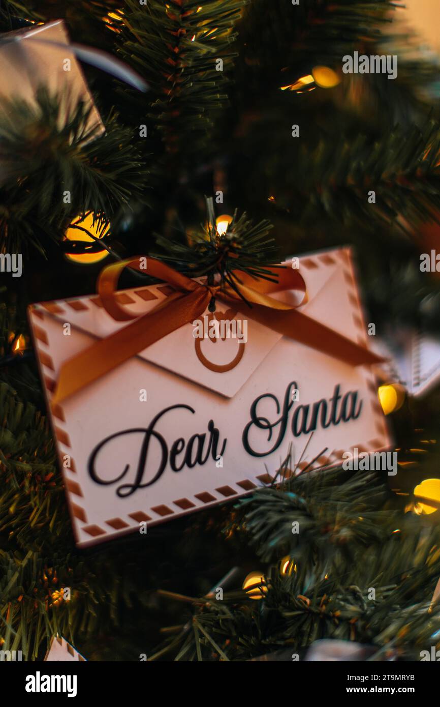 Magic paper letter with text Dear santa and silky ribbon hanging on the ...