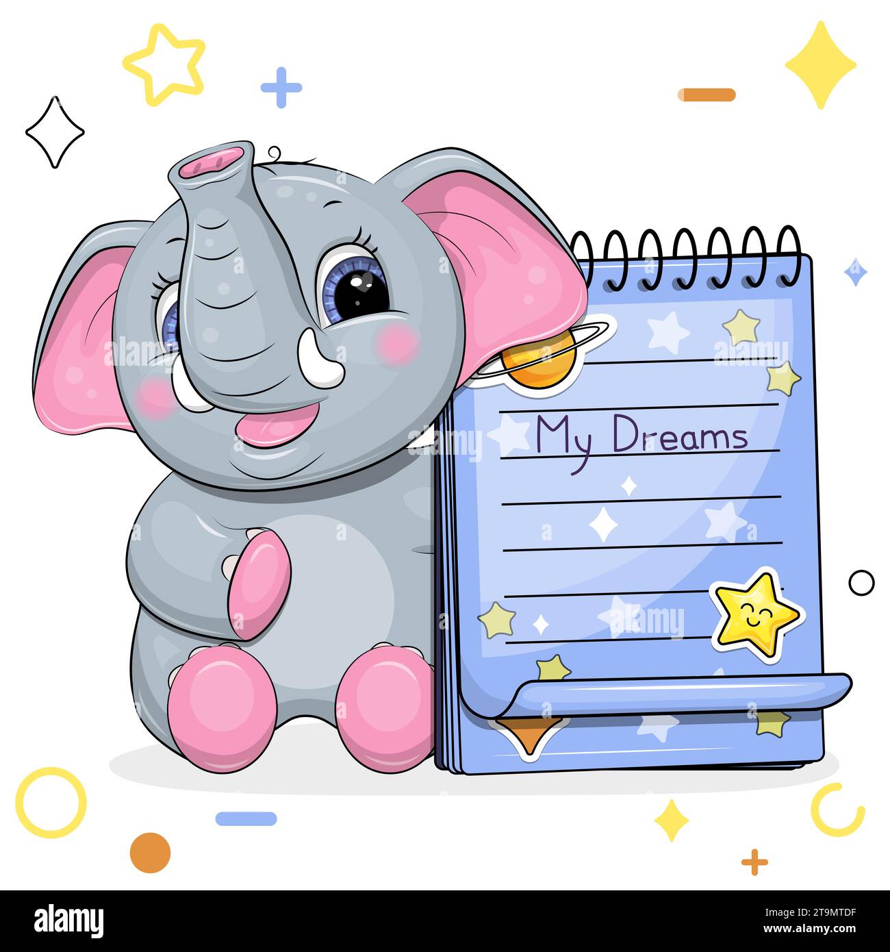 A cute cartoon elephant with a blue notebook with stickers. Vector ...