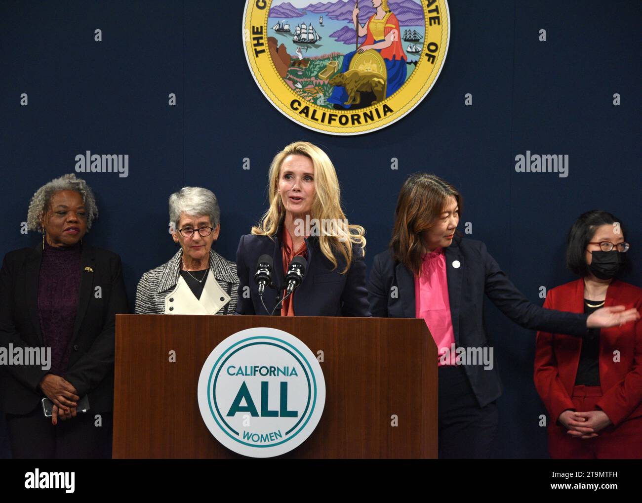 Sacramento, CA - March 14, 2023: First Partner Jennifer Siebel Newsom, speaking at the ...