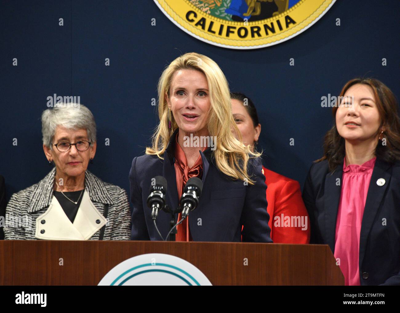 Sacramento, CA - March 14, 2023: First Partner Jennifer Siebel Newsom, speaking at the ...