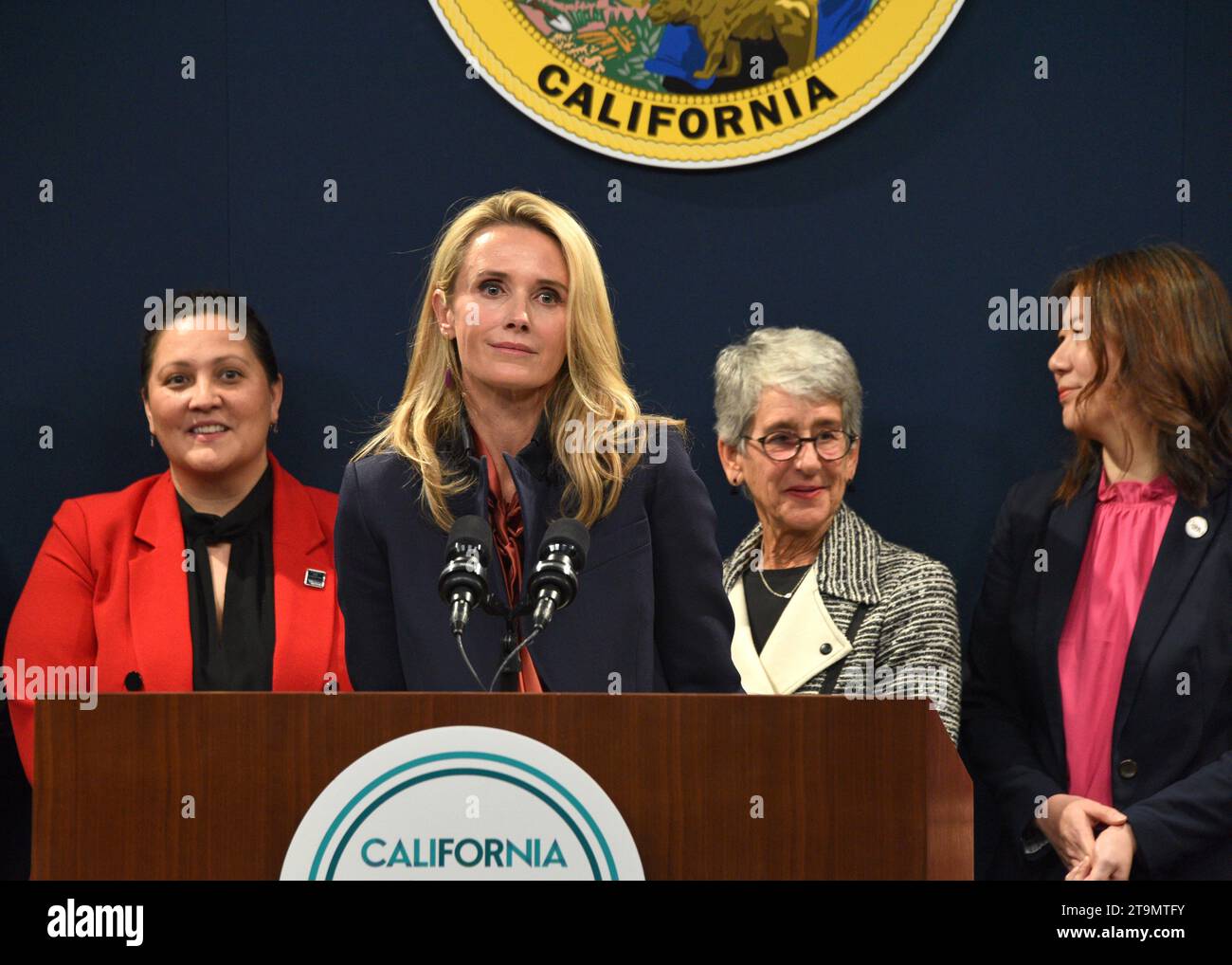 Sacramento, CA - March 14, 2023: First Partner Jennifer Siebel Newsom, speaking at the ...