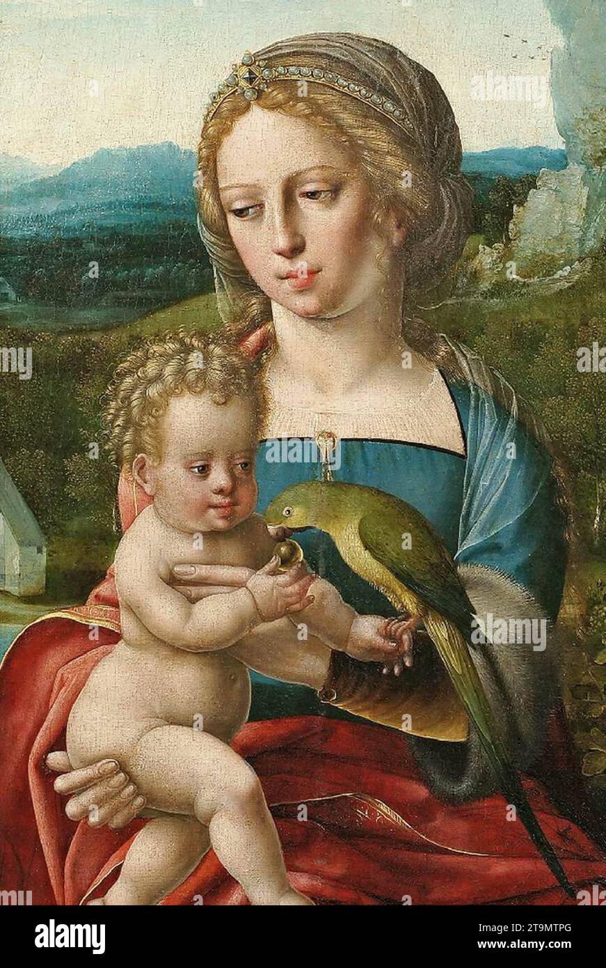 Virgin and Child in a Panoramic Landscape (detail) - by Master Of The Parrot Stock Photo - Alamy