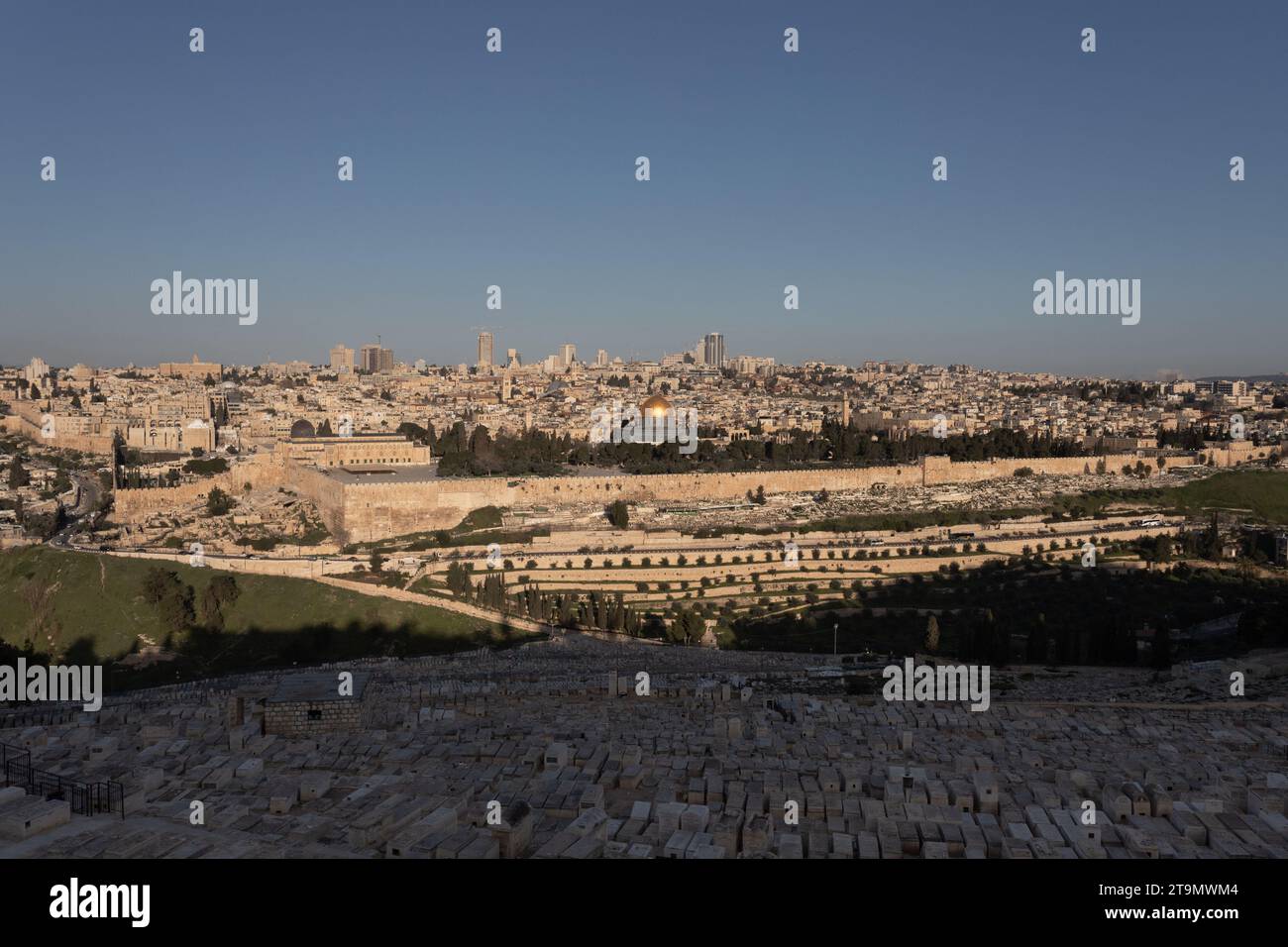 The cityscape of Jerusalem with the Dome of the Rock in the background ...