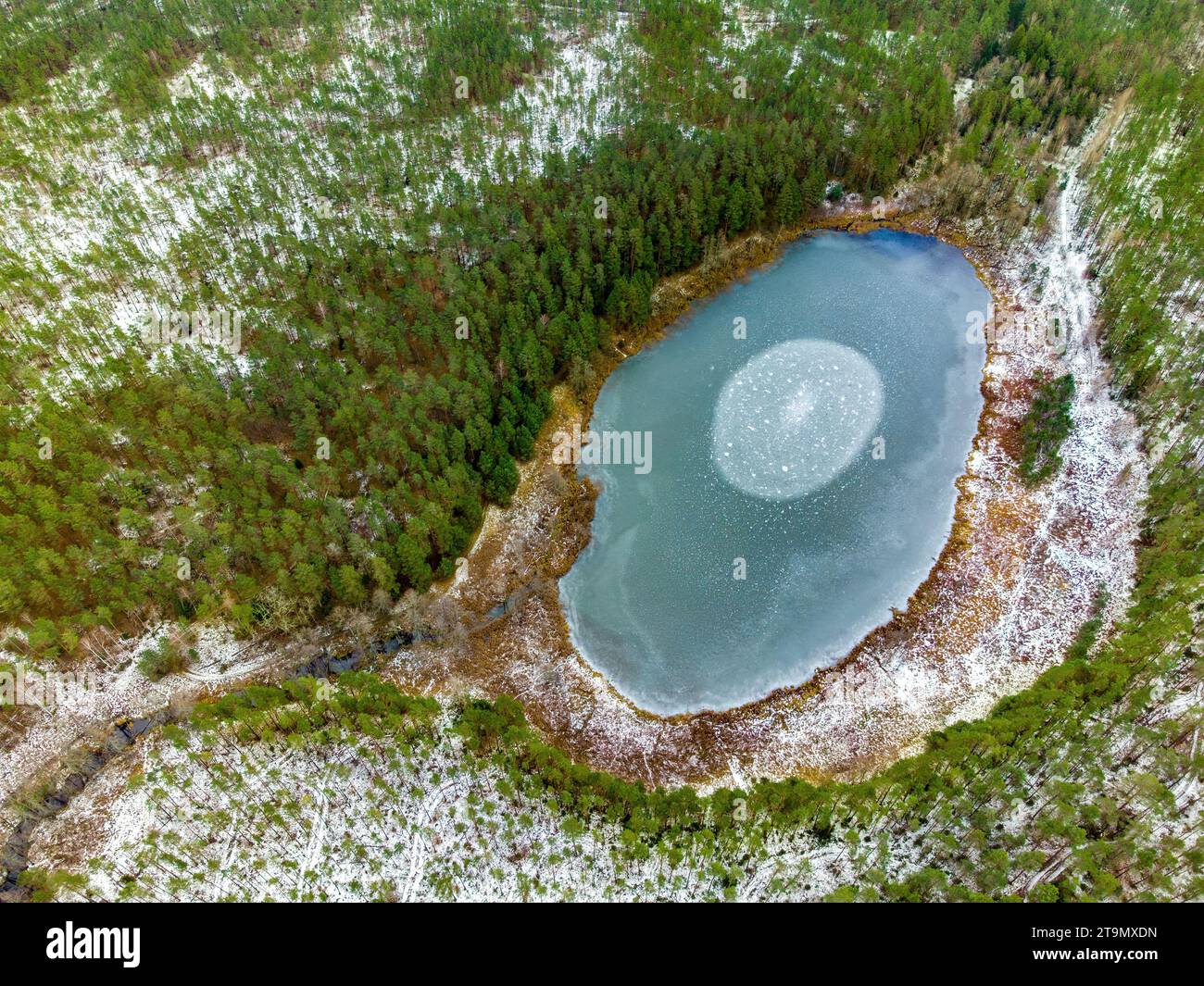 Aerial view of the lake in Lithuanian forests, wild winter nature. Name ...