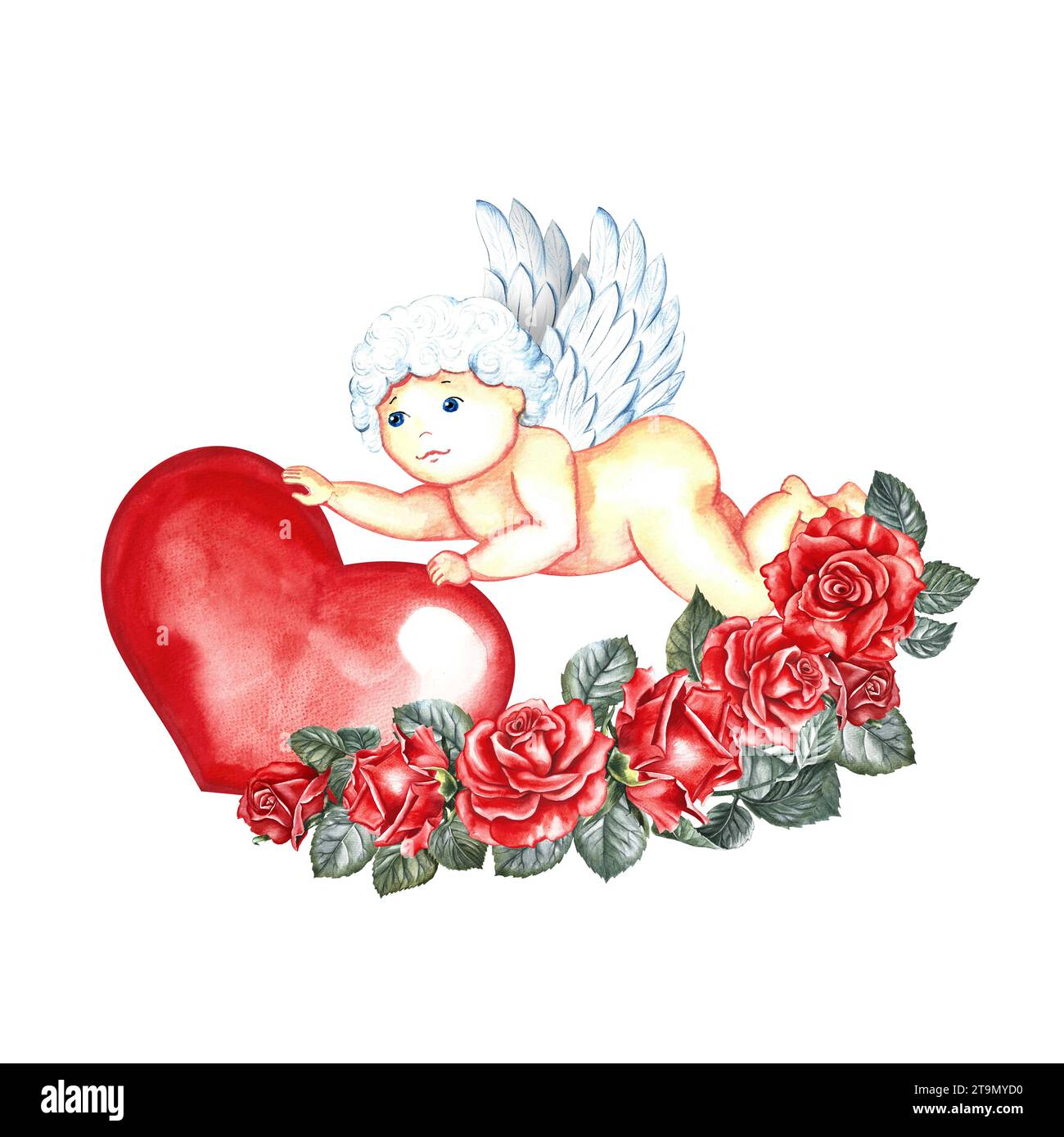 A flying cupid with a heart in his hands decorated with red roses. Hand ...