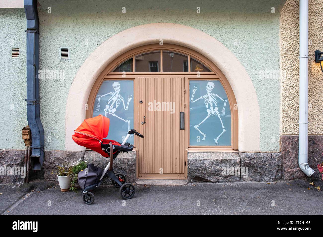 Halloween decoration on small café windows in Ullanlinna district of ...