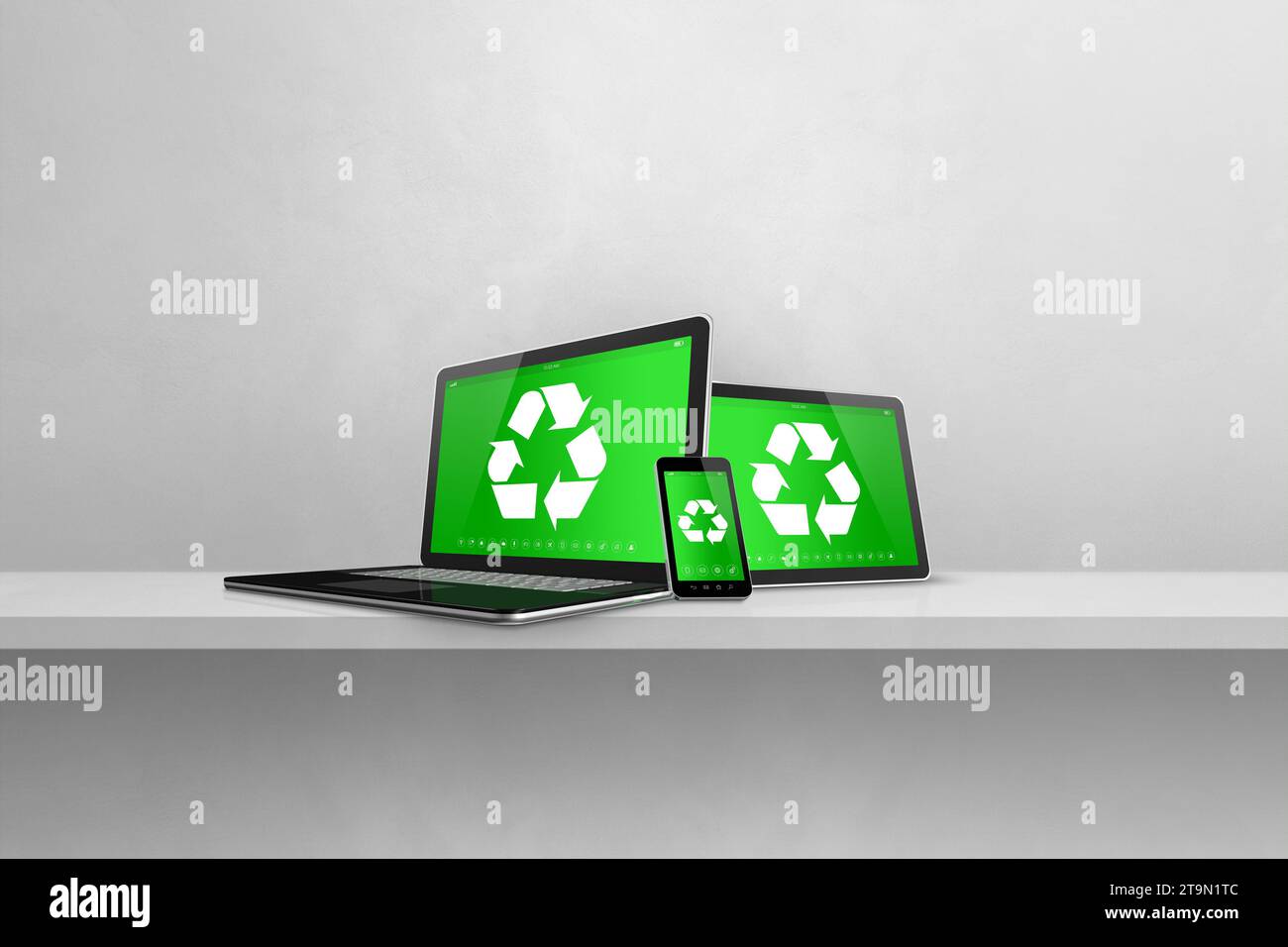 Laptop, tablet PC and smartphone on a shelf with a recycle symbol on ...
