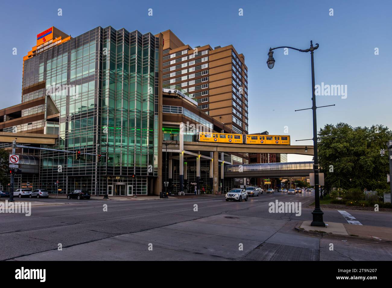 The elevated Peoplemover winds its way through downtown Detroit, United ...