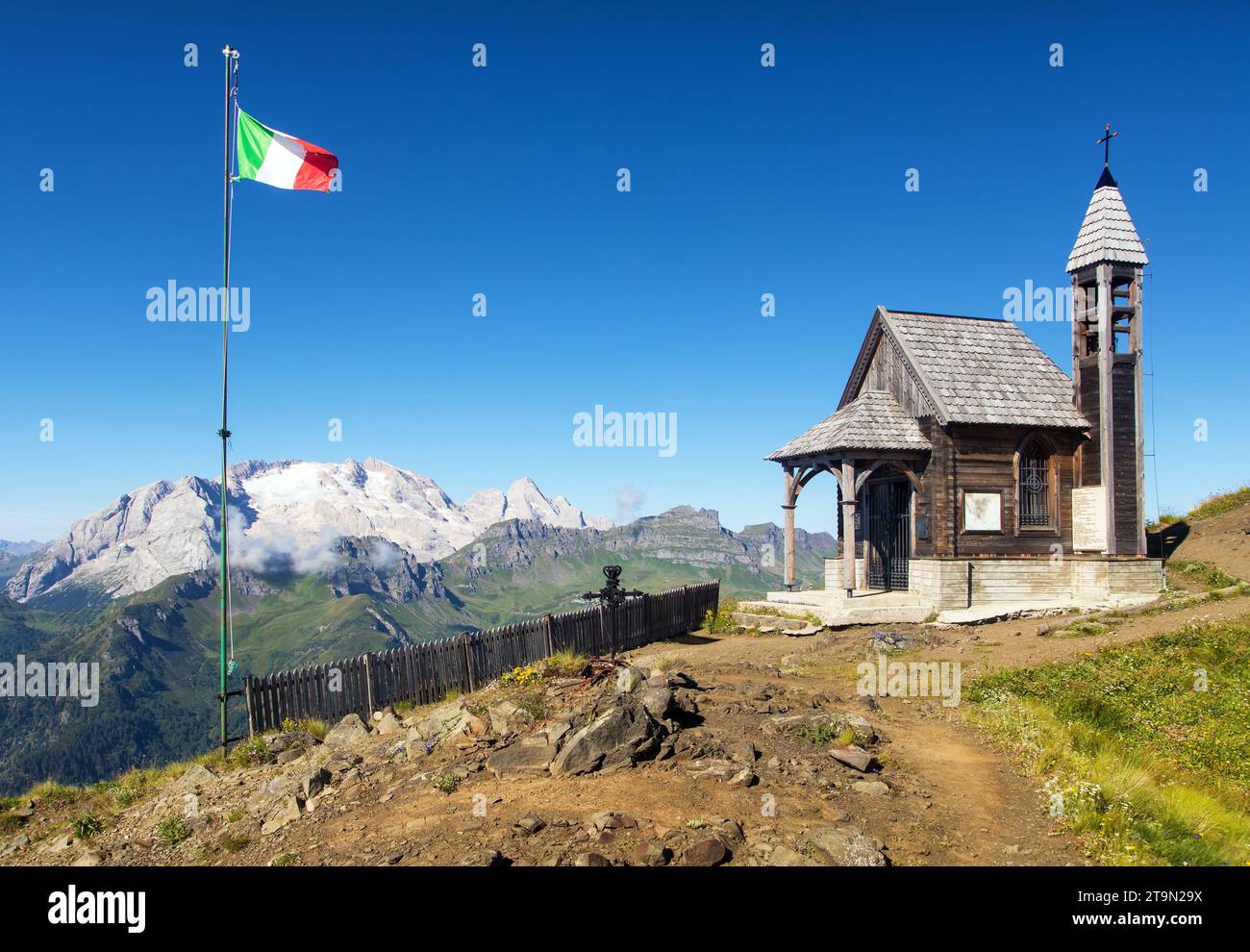 Small wooden church or chapel on the mountain top Col di Lana and Mount ...