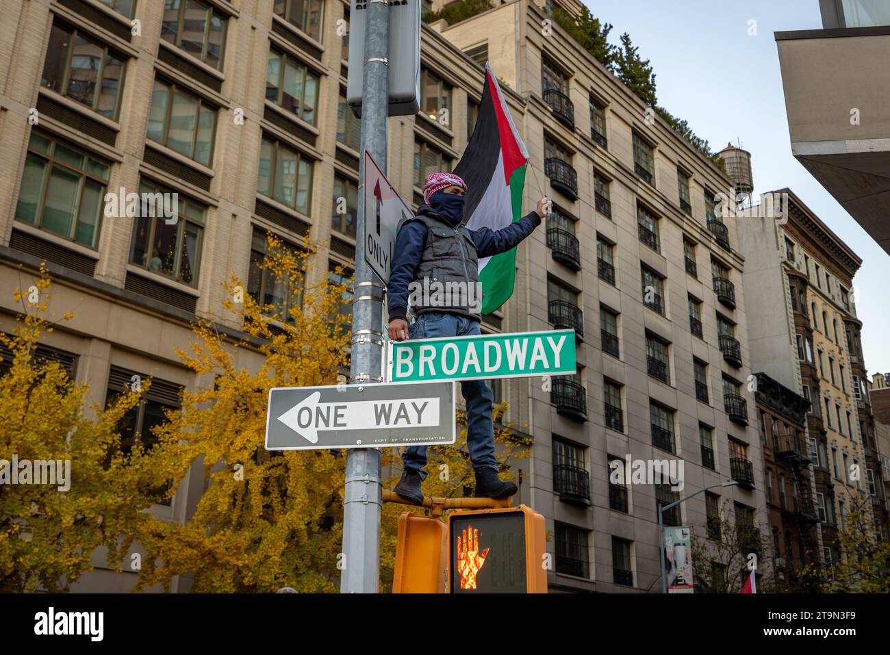 NEW YORK, NEW YORK - NOVEMBER 25: A pro-Palestine protester stands atop ...