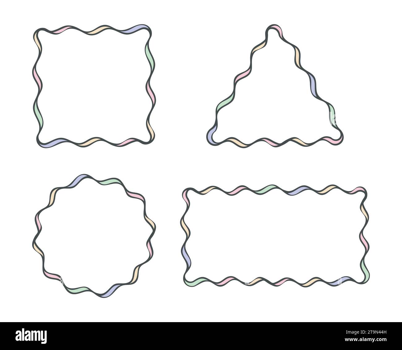Frames outline set. Hand drawn decorative doodle ink brush stroke line, pastel colours, wave ...