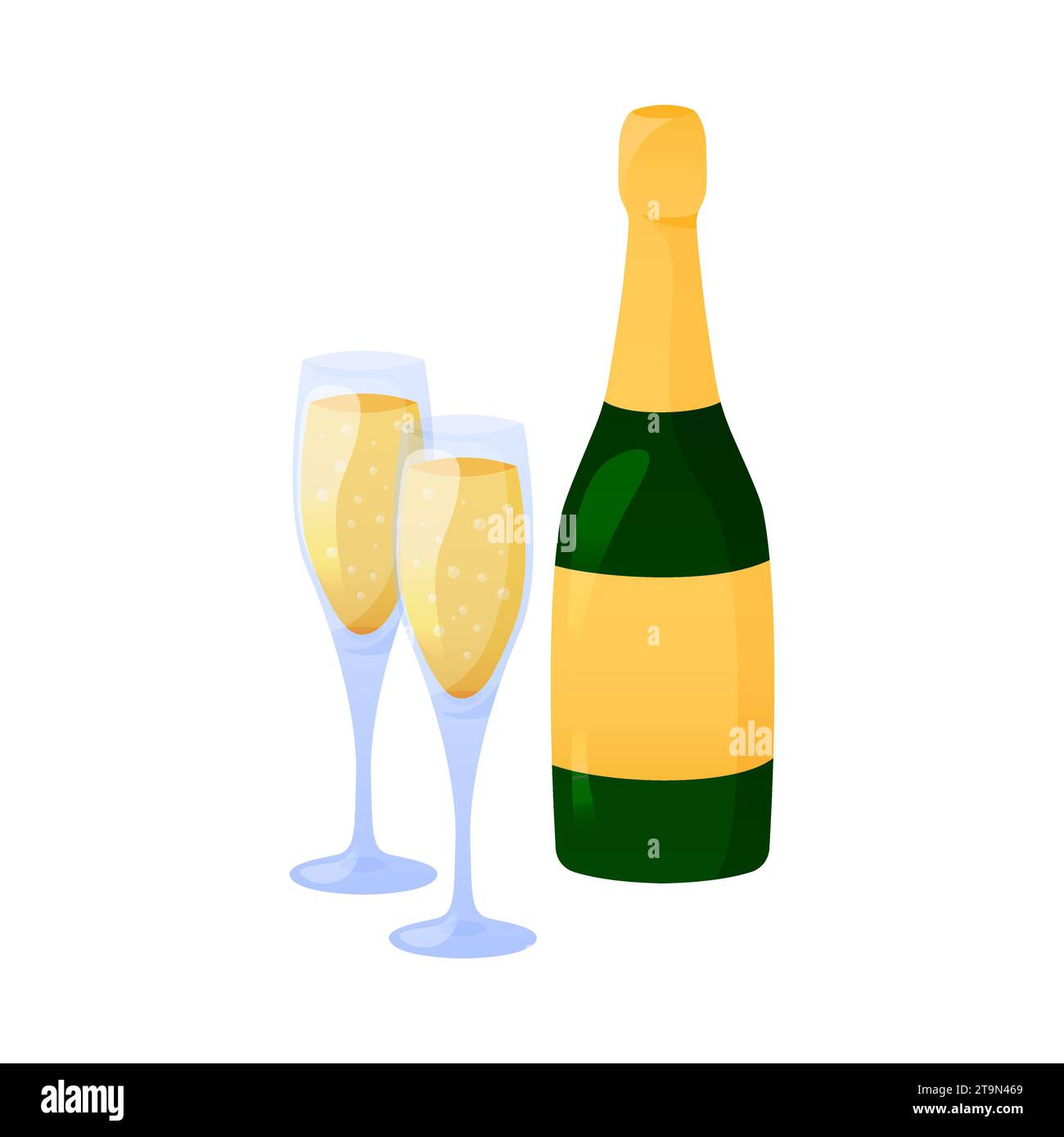 Champagne bottle and two glasses. Sparkling wine in wineglasses isolated. Vector object ...