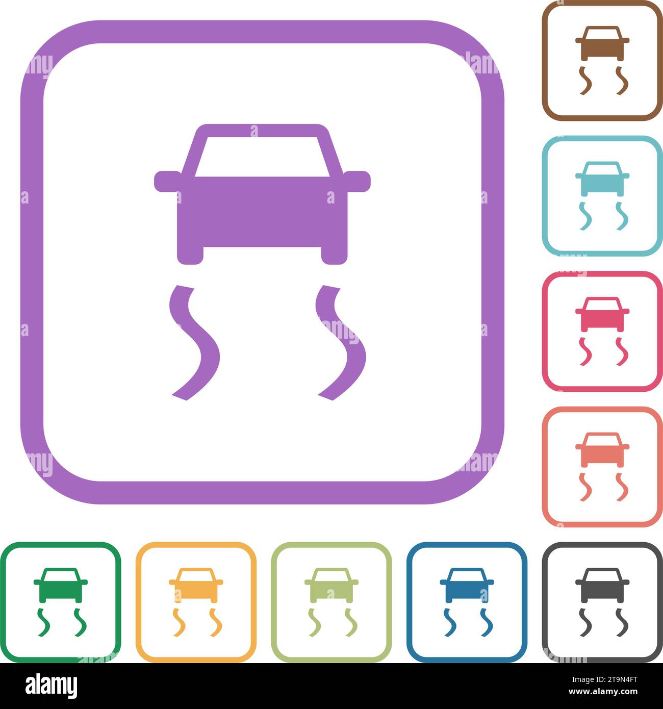 Slippery road dashboard indicator simple icons in color rounded square frames on white ...