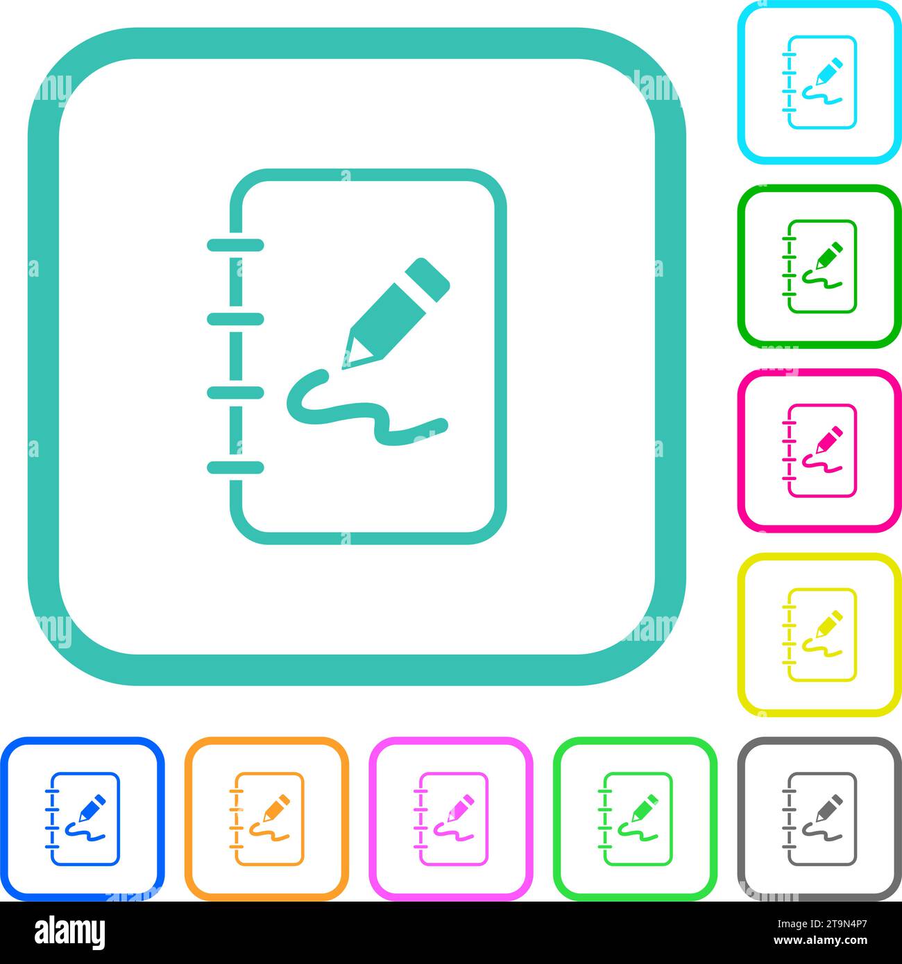 Spiral notepad with drawing outline vivid colored flat icons in curved ...