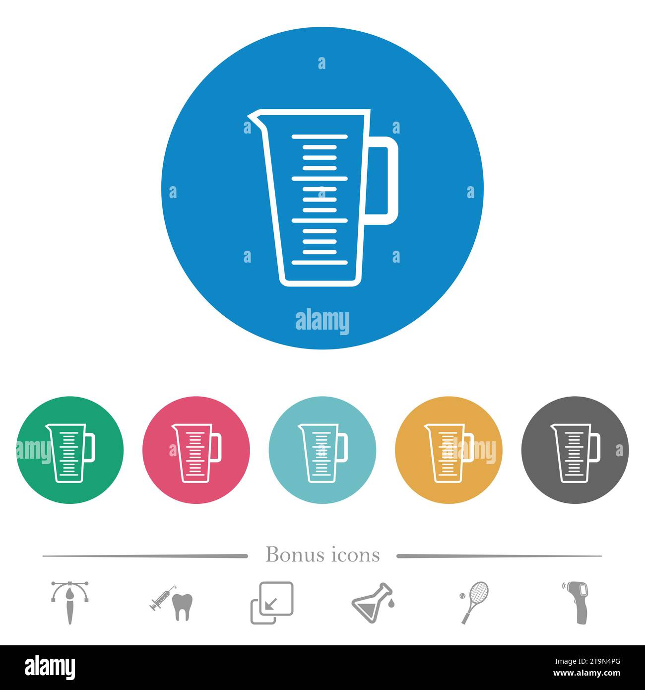 Measuring cup outline flat white icons on round color backgrounds. 6 bonus icons included Stock ...