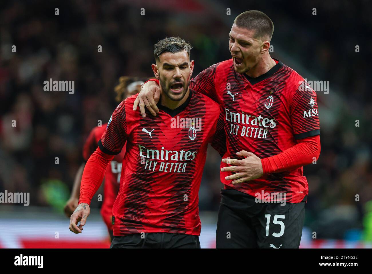 Theo Hernandez (L) and Luka Jovic of AC Milan (R) celebrate after ...