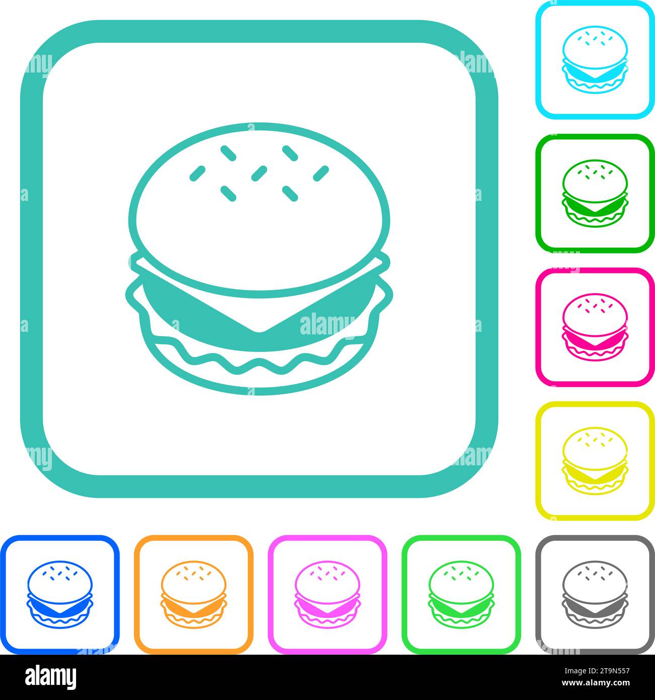 Cheeseburger vivid colored flat icons in curved borders on white ...