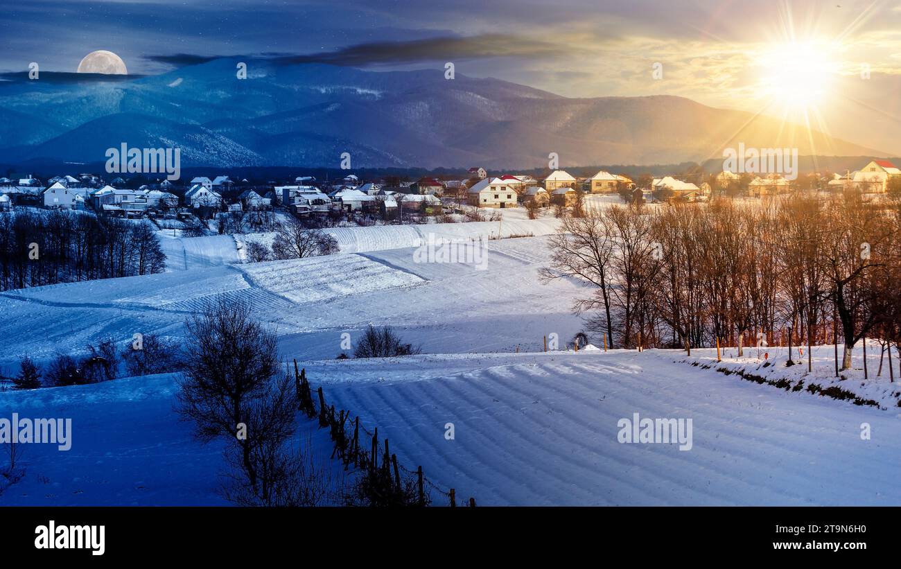 mountainous countryside landscape on winter solstice. scenery with snow ...
