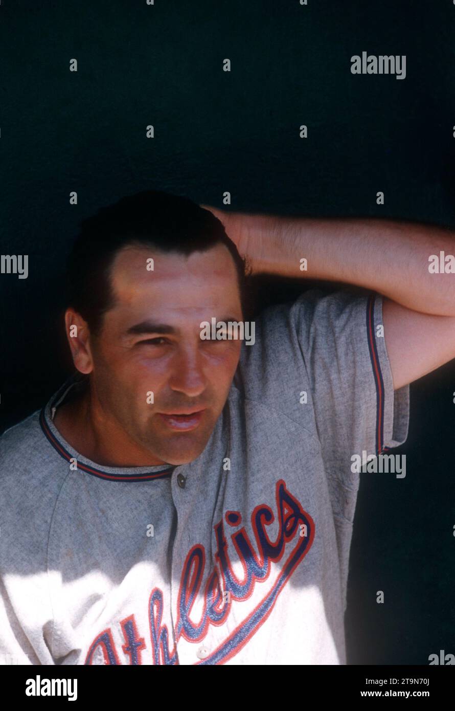1957: Manager Lou Boudreau #5 of the Kansas City Athletics sits in the ...