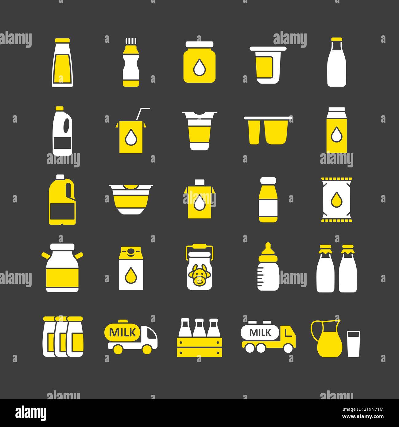 Milk cans and bottles vector icon on dark background. Dairy products ...