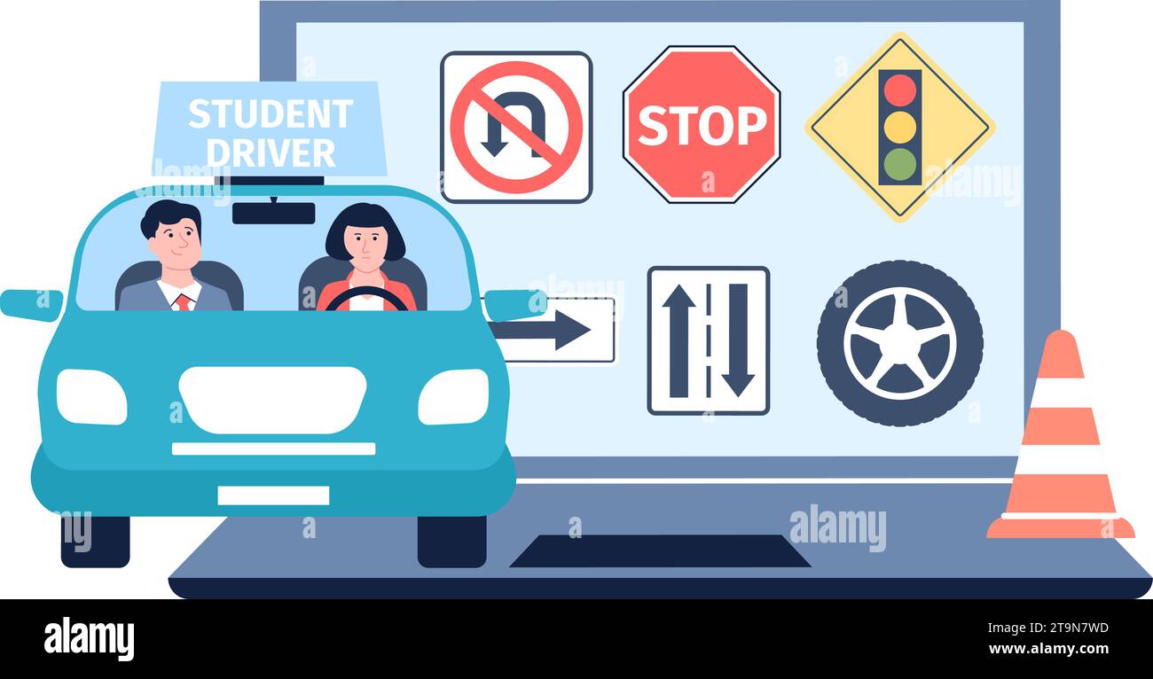 Online driving school. Future driver and instructor in car, rules and ...