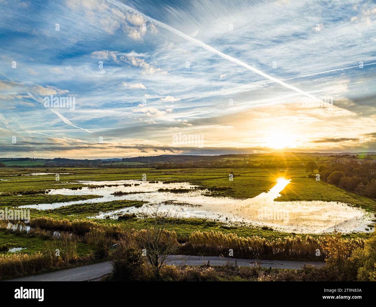 Sunset over Wetlands and Marshes in RSPB Exminster and Powderham ...