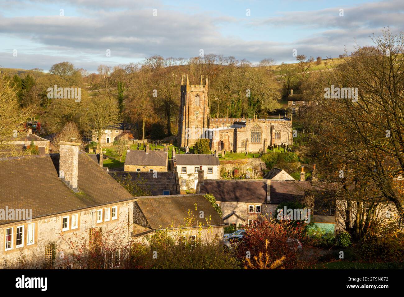 View over the Derbyshire Peak District village of Hartington with a ...