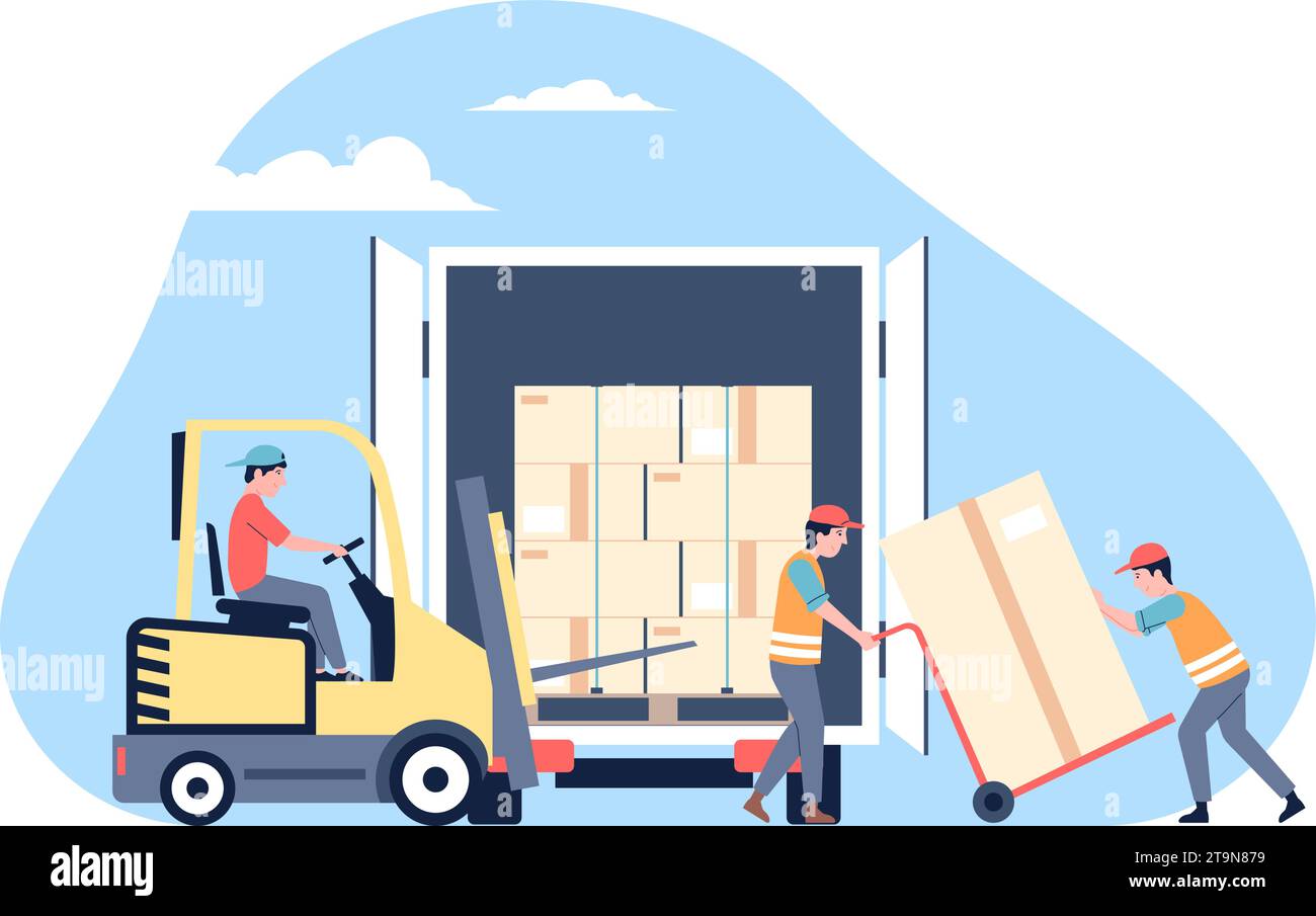 Warehouse workers. Male worker in uniform loading parcels or cargo ...