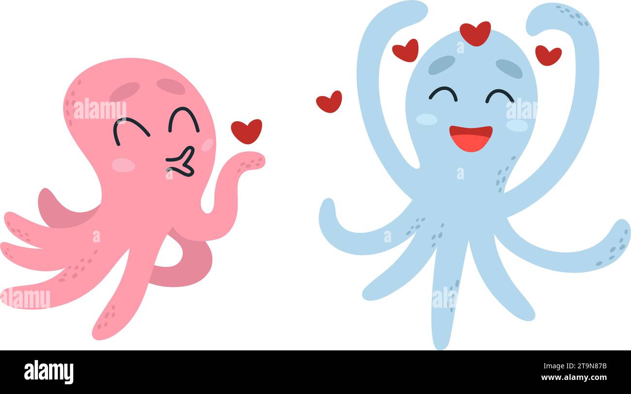 Octopus in love. Romantic octopuses couple, female send air kiss to ...
