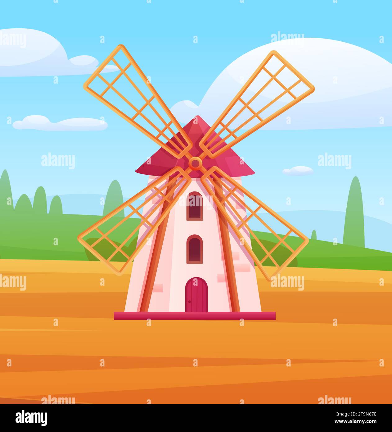 Cartoon windmill on field. Farm and agriculture scene. Village or ...