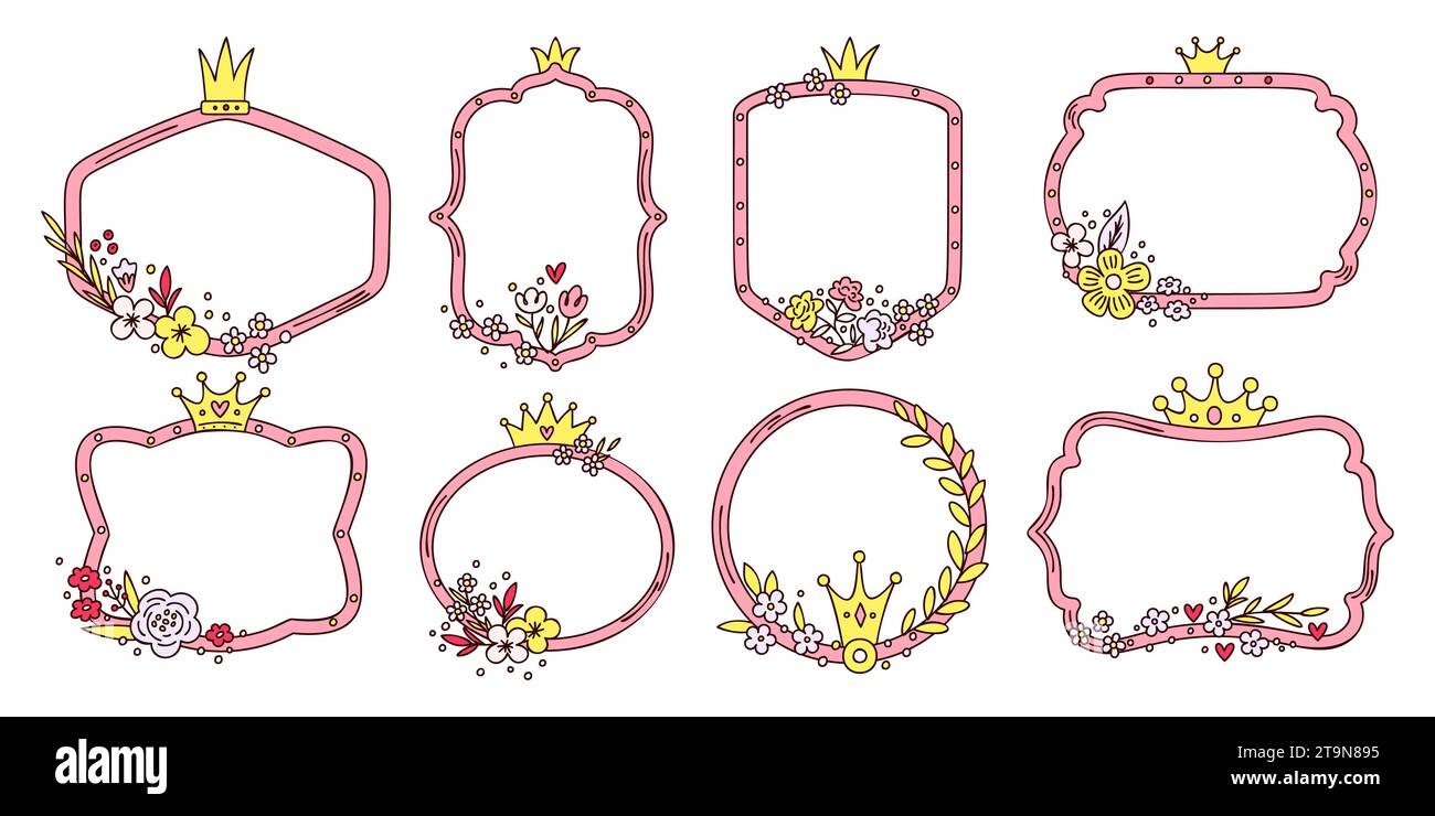Cute girly frames. Princess decorations with royal crowns and flowers ...