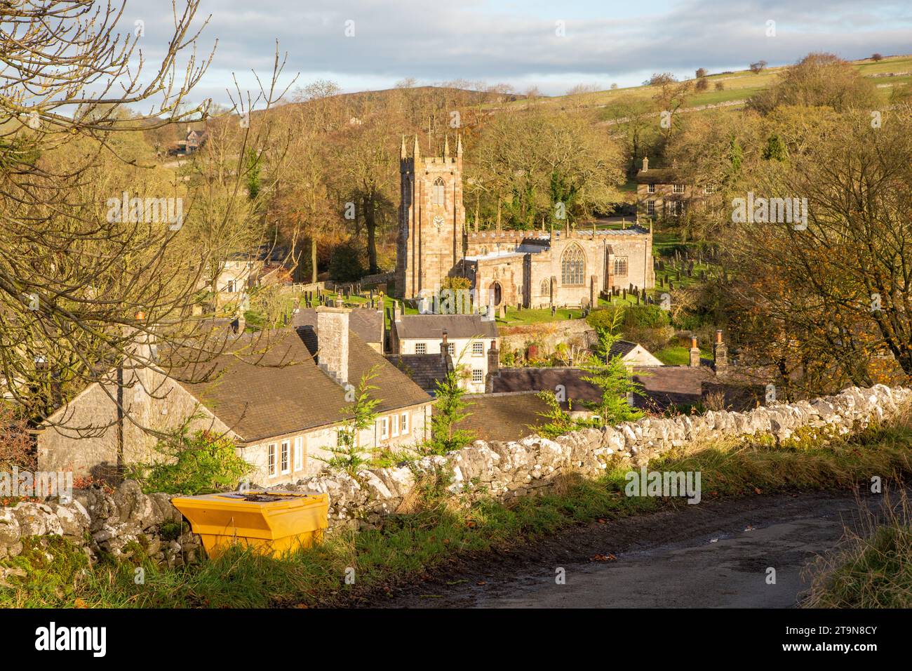 View over the Derbyshire Peak District village of Hartington with a ...