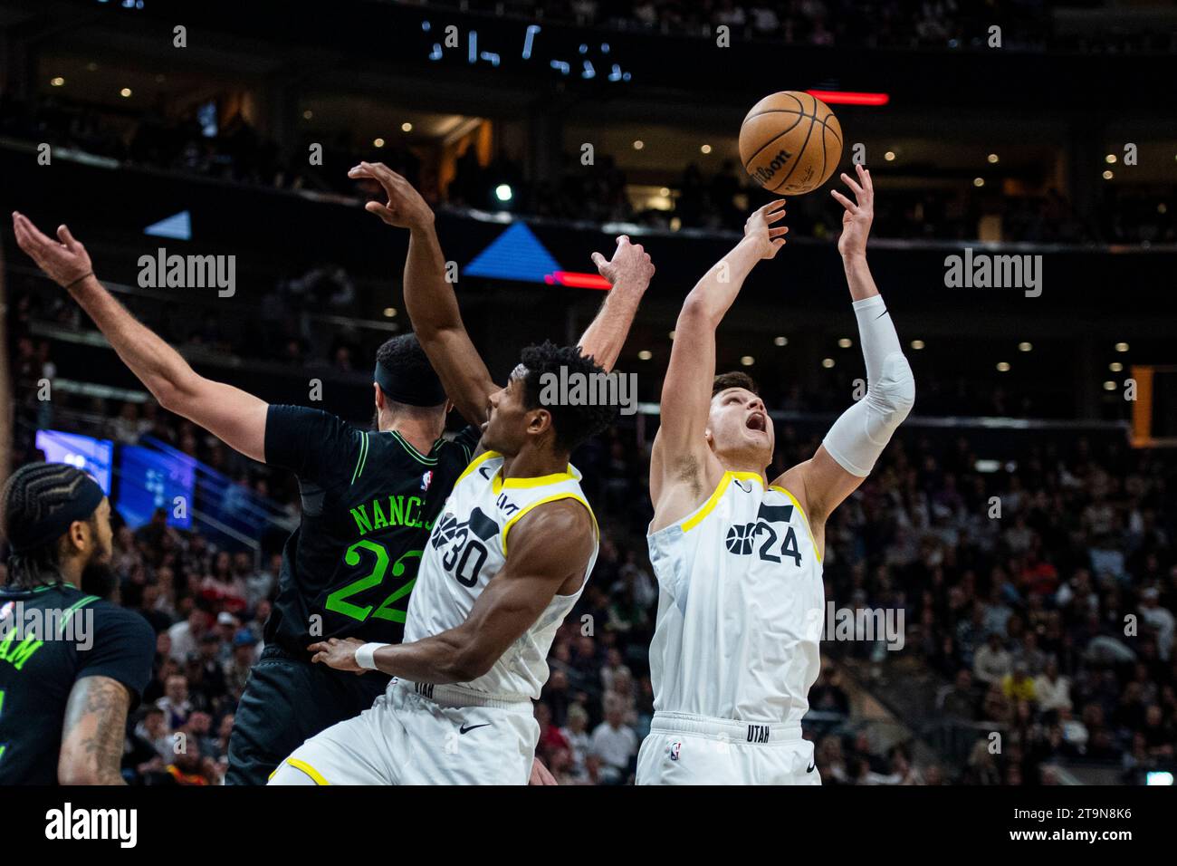 Utah Jazz center Walker Kessler (24) jumps for a rebound in the first ...