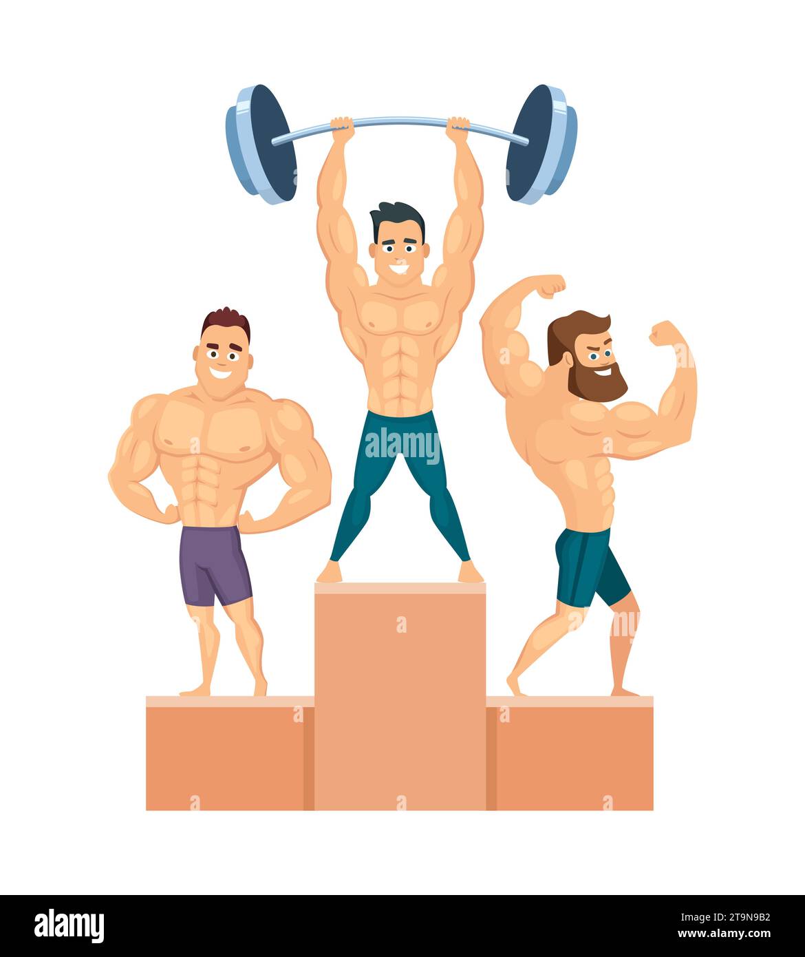 Bodybuilders. esthetic athletic male characters standing on different ...