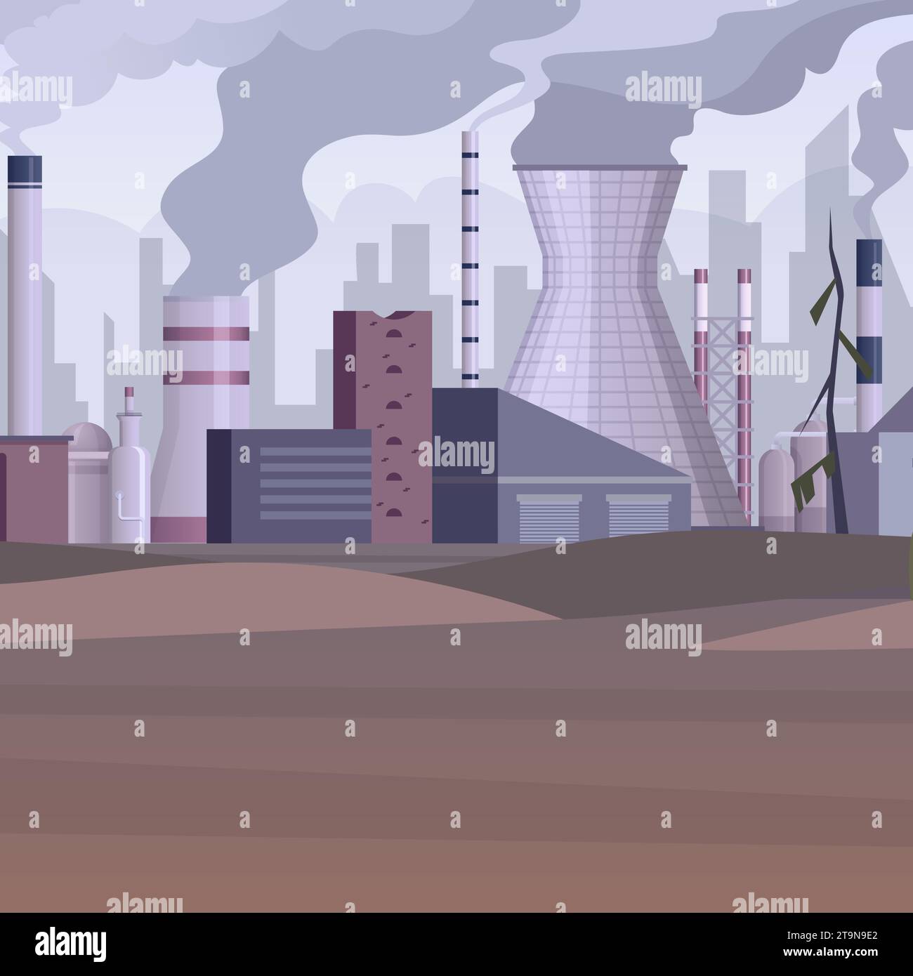 City smog. urban background with factory buildings. Vector cartoon ...