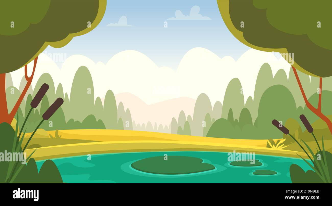 Pool forest. Cartoon background of beautiful pond and trees. vector ...