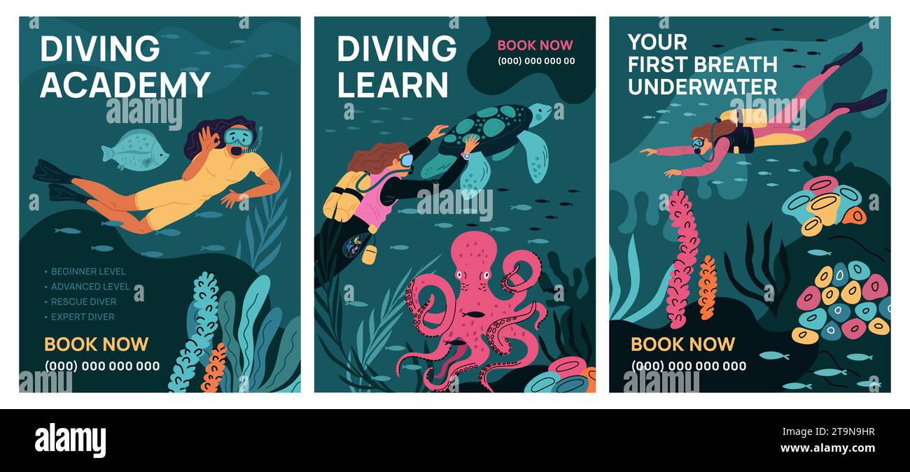 Scuba diving class cards. Advertising banners design. Underwater ...