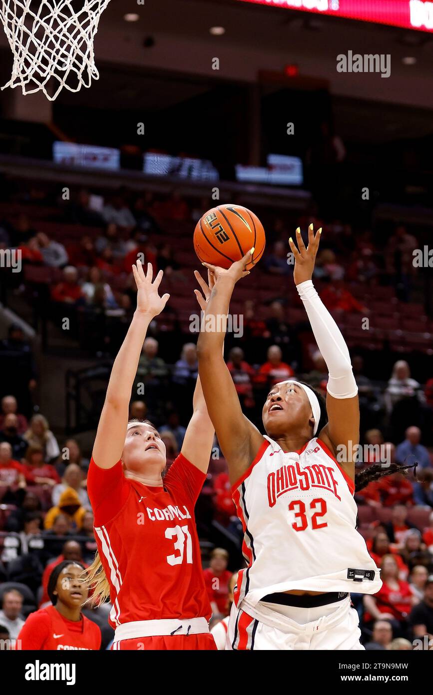 Ohio State forward Cotie McMahon (32) shoots the ball while being ...