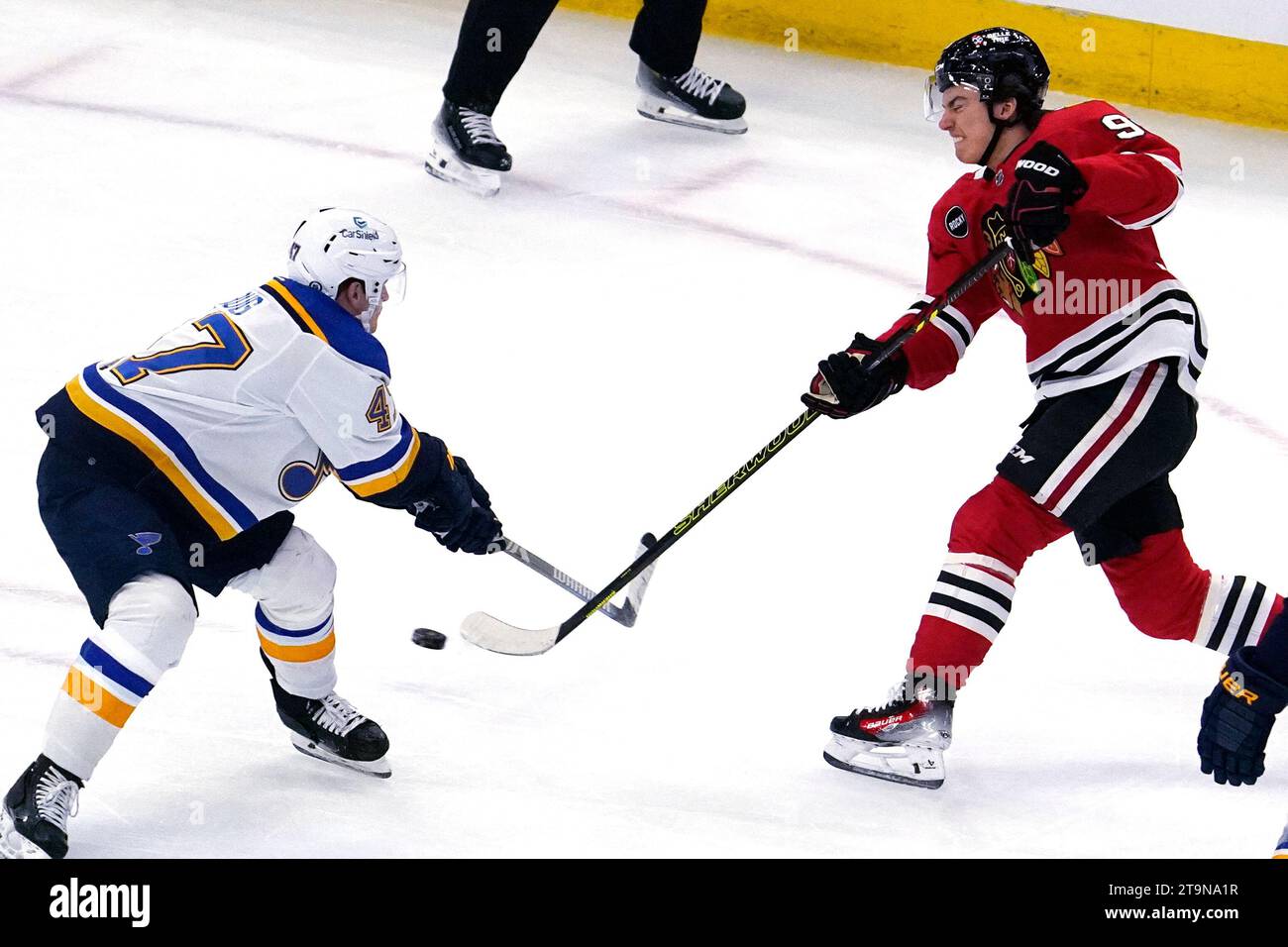 Chicago Blackhawks center Connor Bedard, right, shoots against St ...
