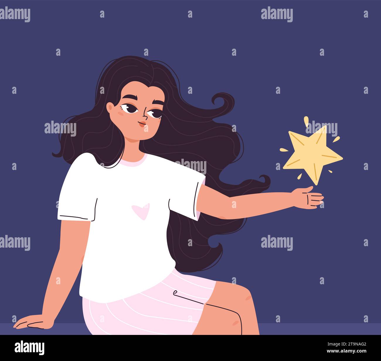 Young girl giving shine star. Cute female character dream, fulfillment ...