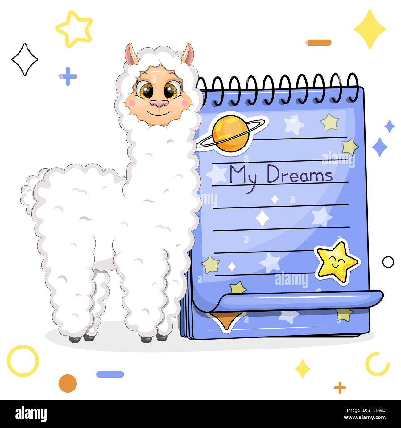 A cute cartoon llama and a blue notebook with stickers. Vector ...
