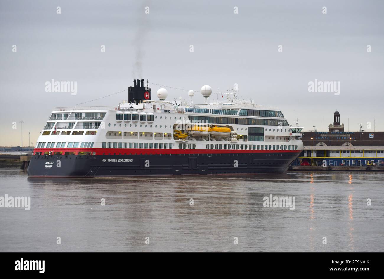 Expedition cruse ship MS Maud is pictured on a wintery River Thames as ...