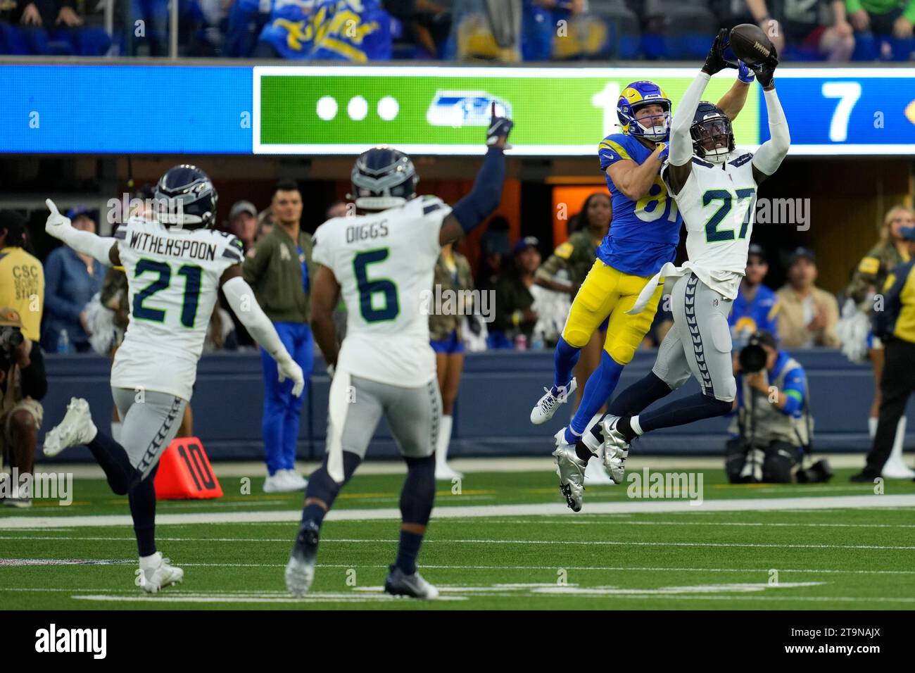 Seattle Seahawks cornerback Riq Woolen (27) intercepts a pass intended ...