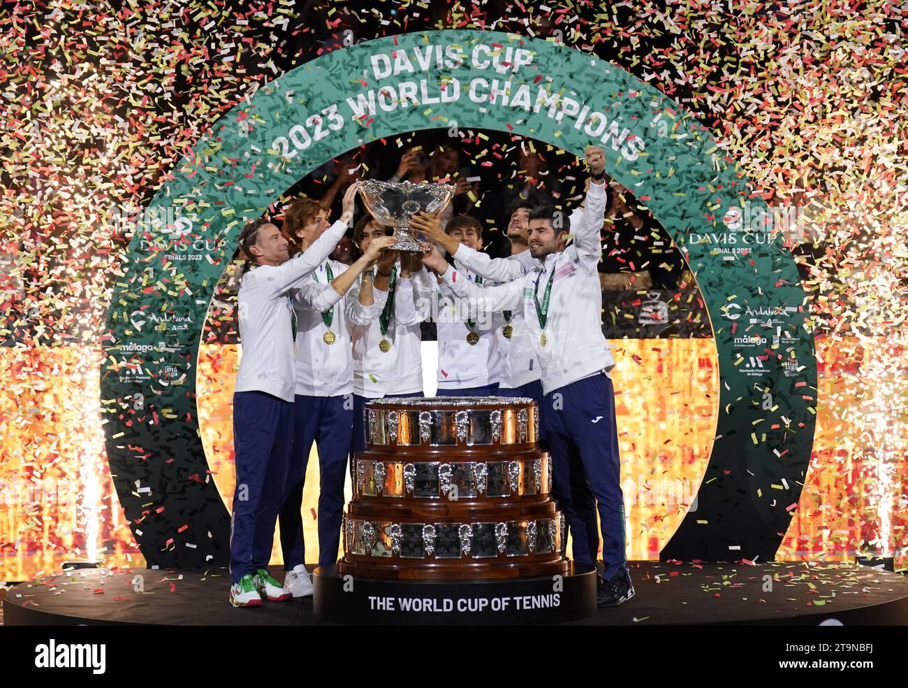 The Italy team celebrate winning the Davis Cup 2023 final match at the ...