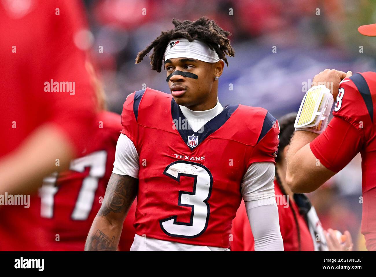 Houston Texans wide receiver Tank Dell (3) looks on during an NFL ...