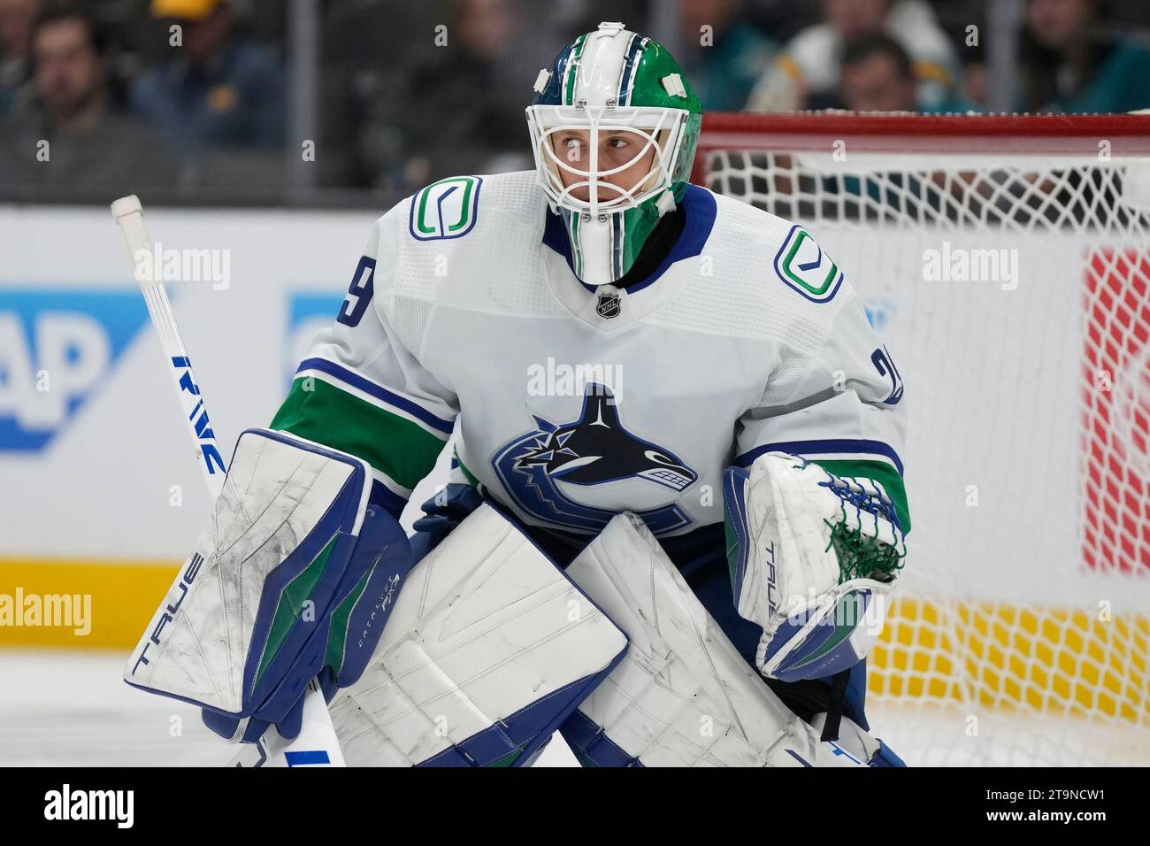 Vancouver Canucks goaltender Casey DeSmith during an NHL hockey game ...