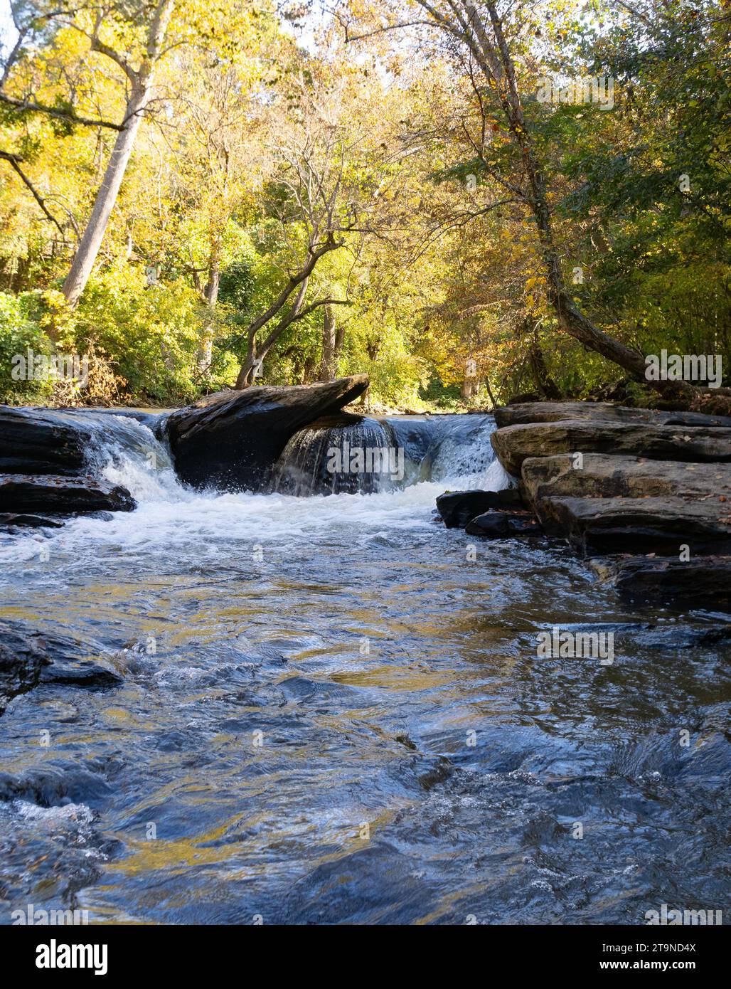 Eye-level view of a small waterfall over boulders in Big Creek or ...