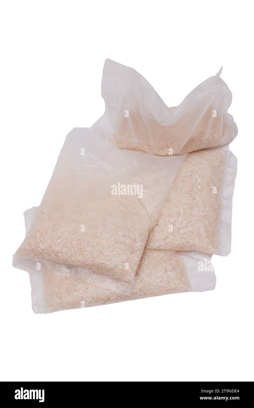 A Plastic Bags of White Long Grain Rice - Isolated on White Background ...