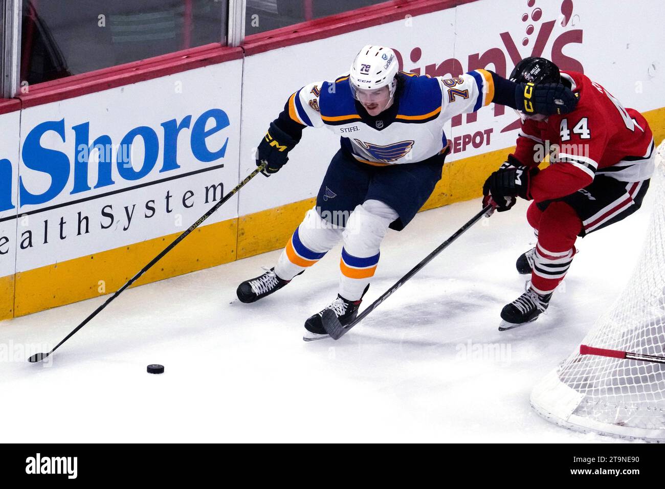 St. Louis Blues left wing Sammy Blais, left, controls the puck against ...